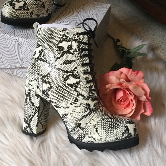 Shoes | Snake Print Lace Up Heeled Lug Sole Combat Boots | Poshmark